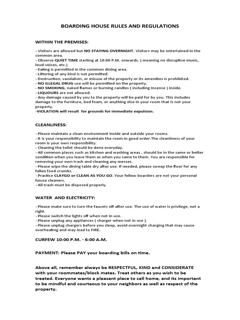 Boarding House Rules and Regulations | PDF