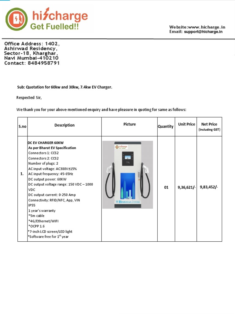 EV Charger Quotation Details | PDF | Battery Charger | Alternating Current