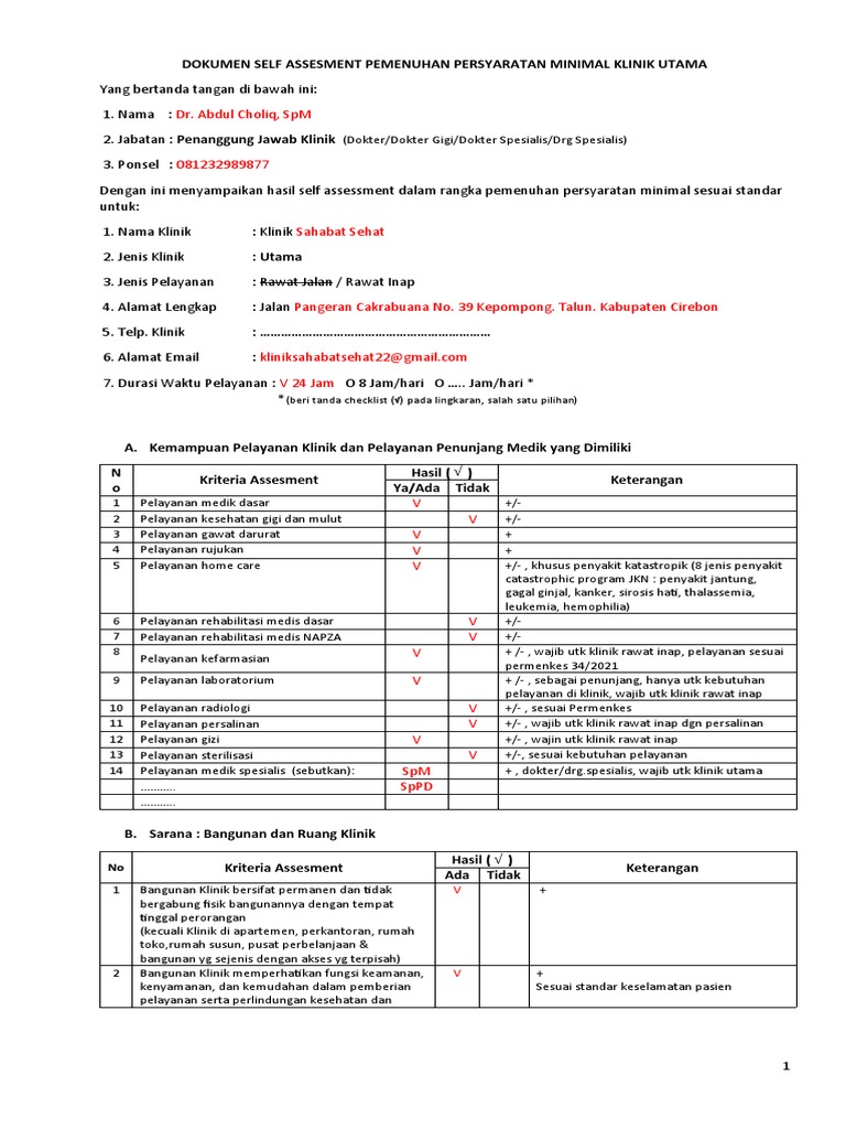 Dokumen Self Assessment Klinik Utama | PDF