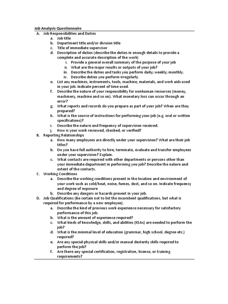 Sample Job Analysis Questionnaire and Job Description | PDF ...