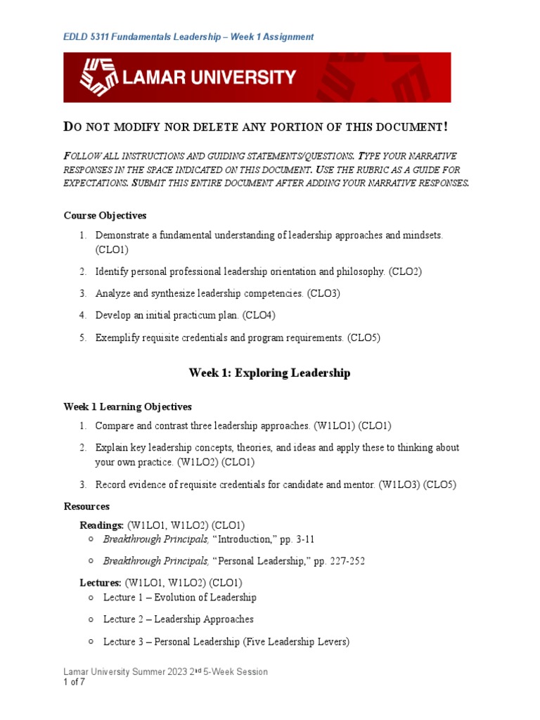 Week 1 Leadership Assignment Guide | PDF