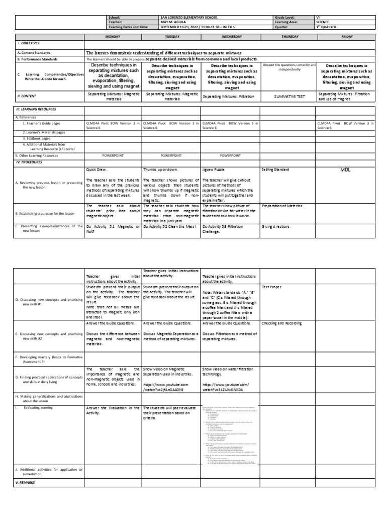 DLL - Science 6 - Q1 - W5 | PDF | Filtration | Teaching