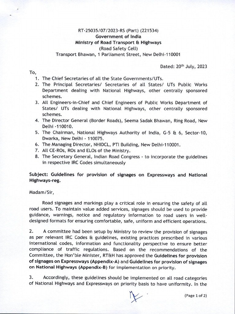 Guidelines For Provision of Signages On Expressway and NHs 20 Jul 2023 ...