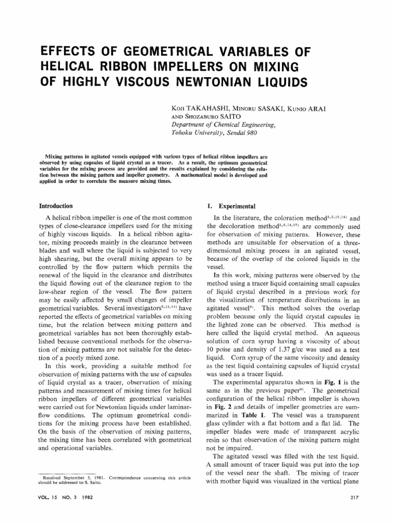 Helical Ribbon Impeller Geometry Effects | PDF | Flow Measurement | Liquids
