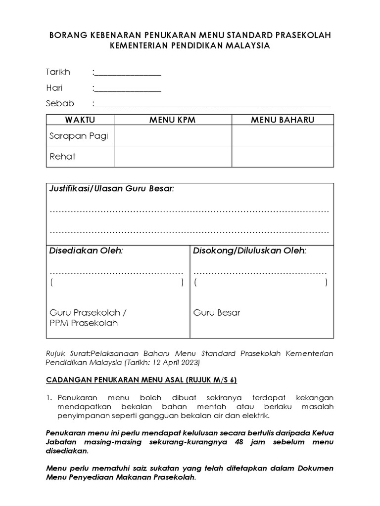 Borang Kebenaran Penukaran Menu Prasekolah | PDF