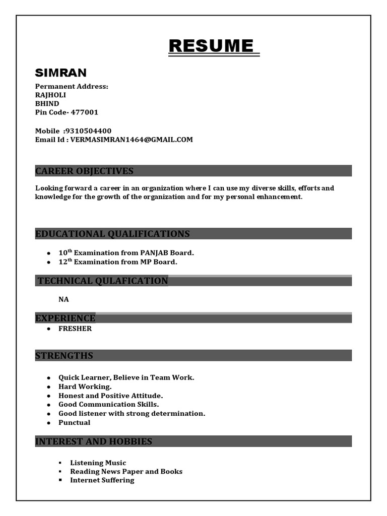 Simran's Resume: Fresh Graduate Profile | PDF | Career & Growth