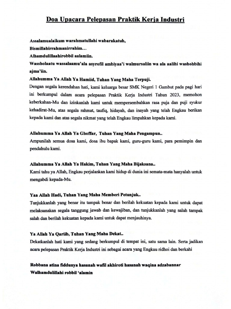 Doa Upacara Pelepasan Prakerin | PDF