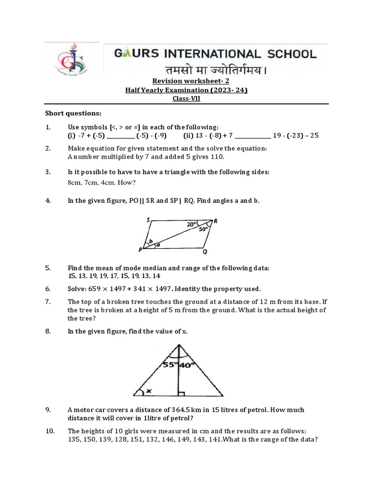 C7 Revision Worksheet 2 Half Yearly Examination 202324.1 | PDF | Mathematical Relations ...