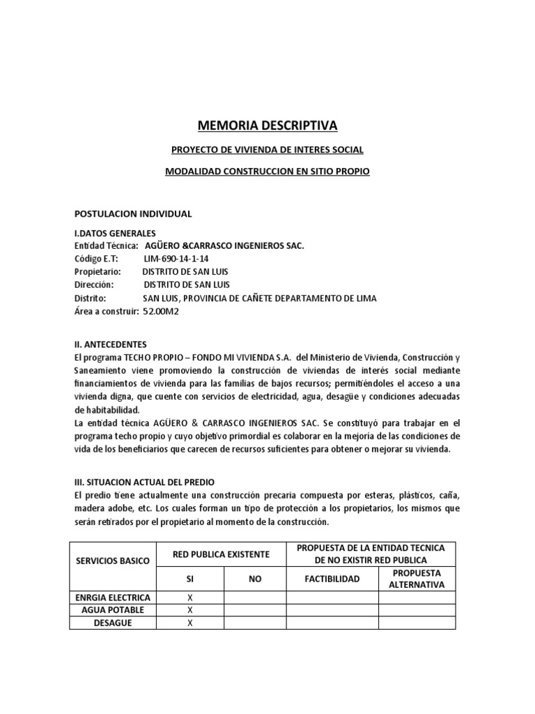 MEMORIA DESCRIPTIVA Techo Propio | PDF | Hormigón | Materiales