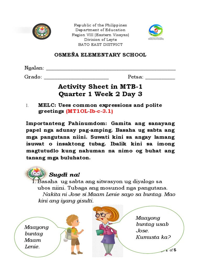 worksheet-MTB Week2 Day3 | PDF | Language Arts & Discipline