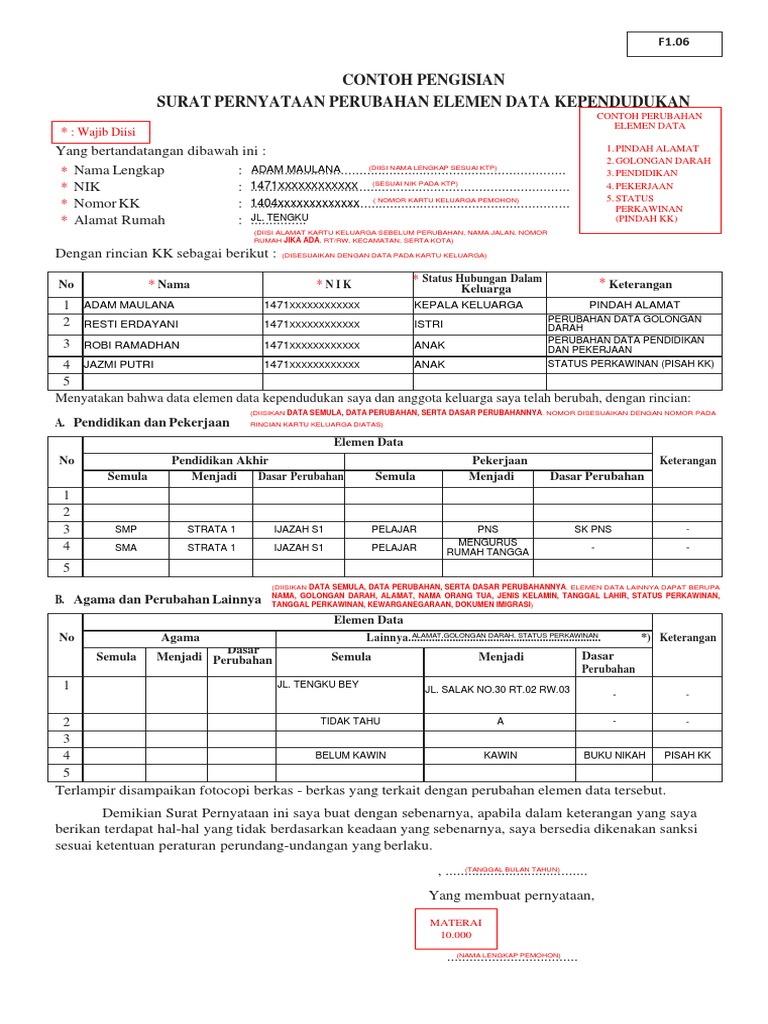 Formulir-F1-06 Perubahan Elemen Data Kependudukan | PDF