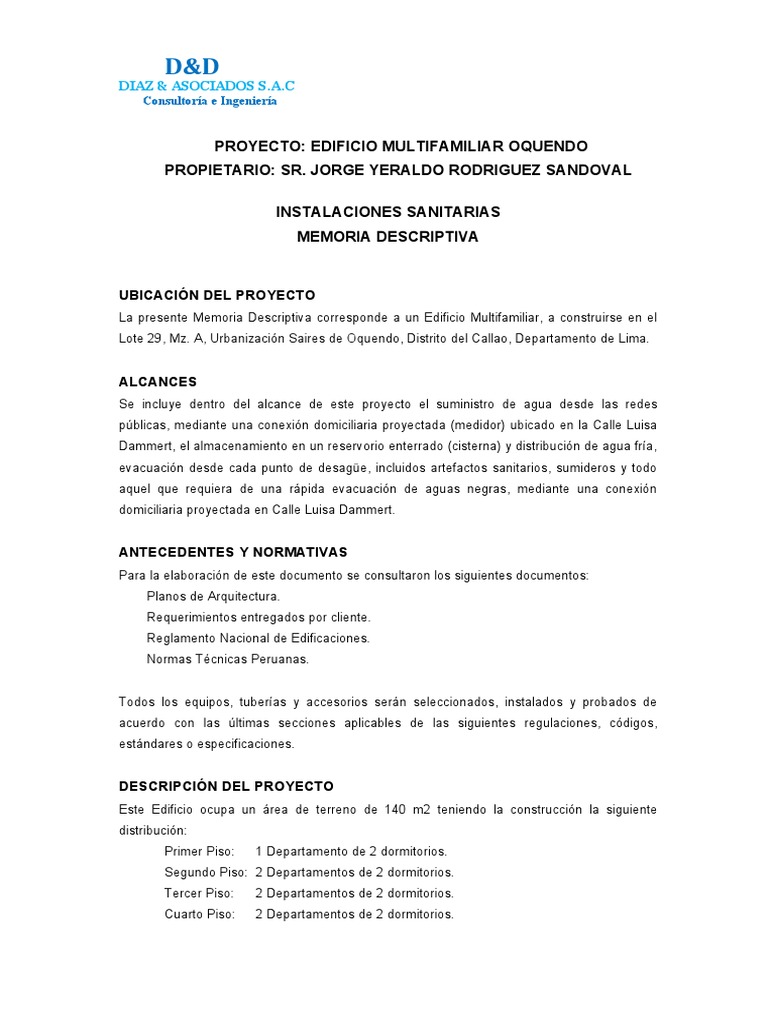 Memoria Edificio Oquendo Iiss-23-03-22 | PDF | Agua | Tubería (transporte de fluidos)