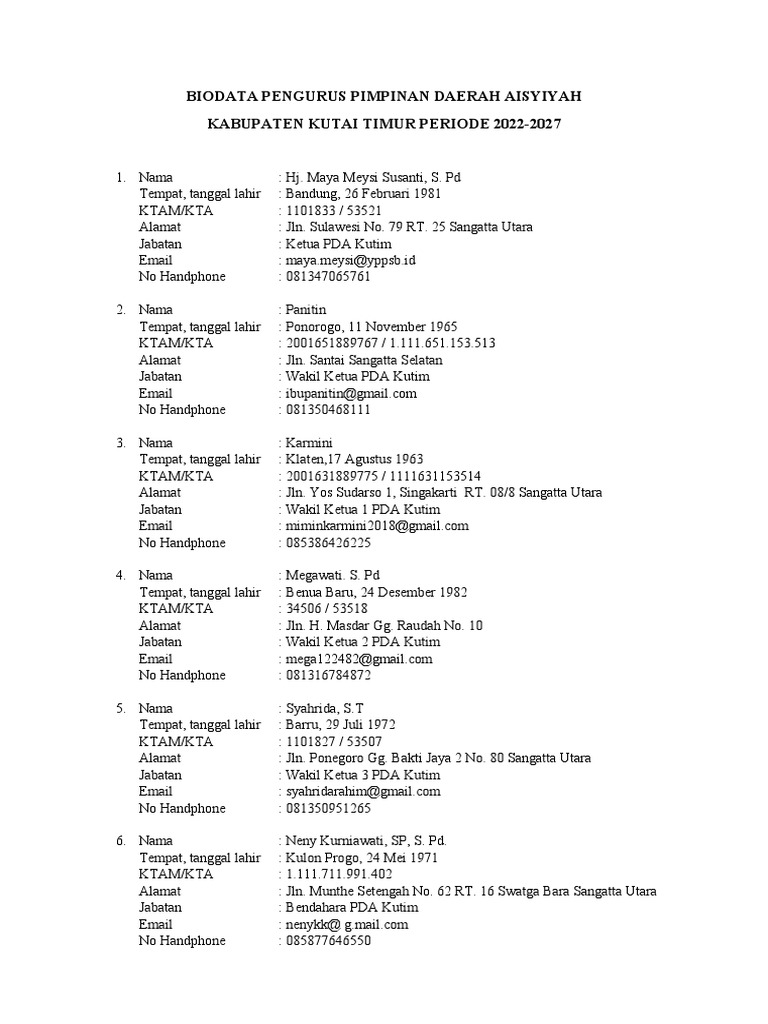 Biodata Pengurus Pda 2022-2027 | PDF