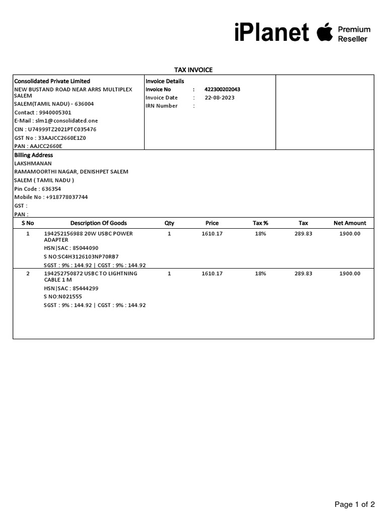 Tax Invoice: Consolidated Private Limited Invoice Details | PDF | Invoice | Business
