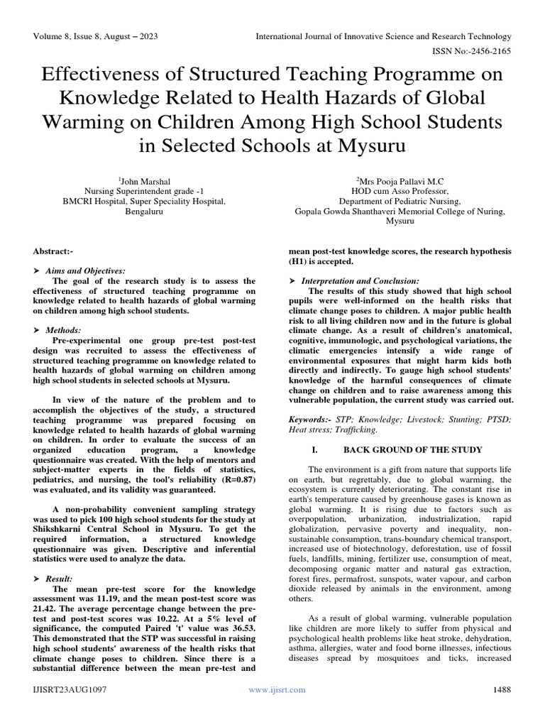 Effectiveness of Structured Teaching Programme On Knowledge Related To Health Hazards of Global ...