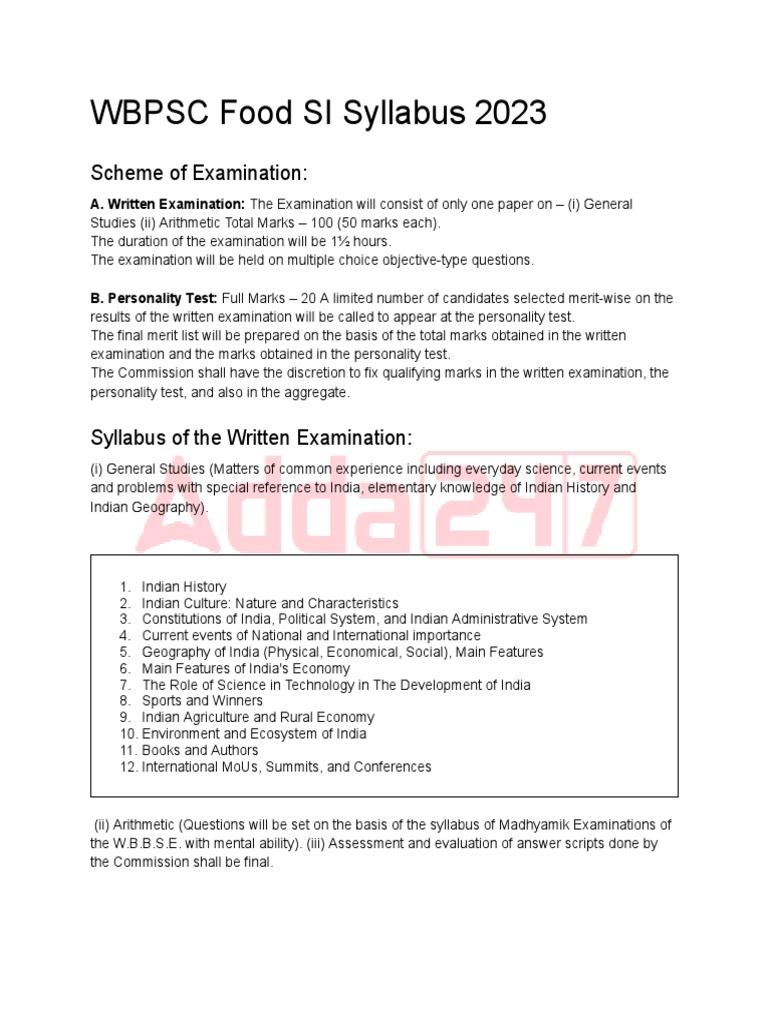 WBPSC Food SI Syllabus 2023 | PDF