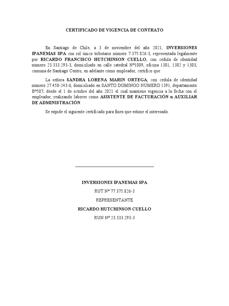 Certificado de Vigencia de Contrato | PDF