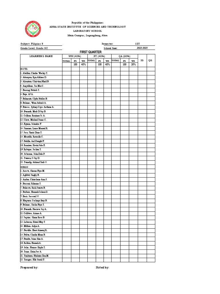 To Print Grade Sheet 8C | PDF