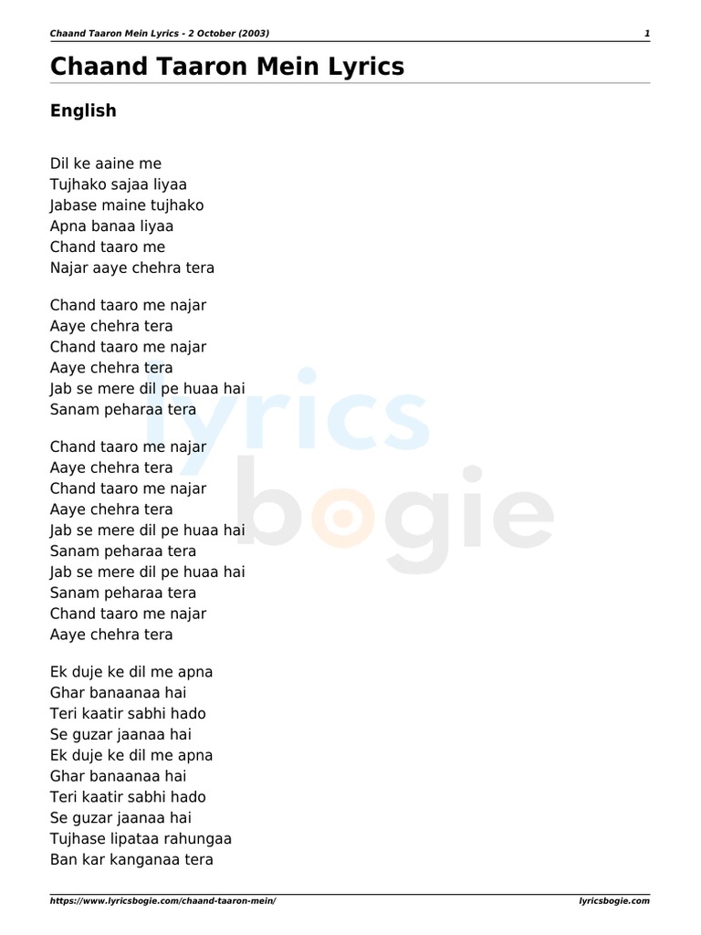 Chaand Taaron Mein Lyrics | PDF