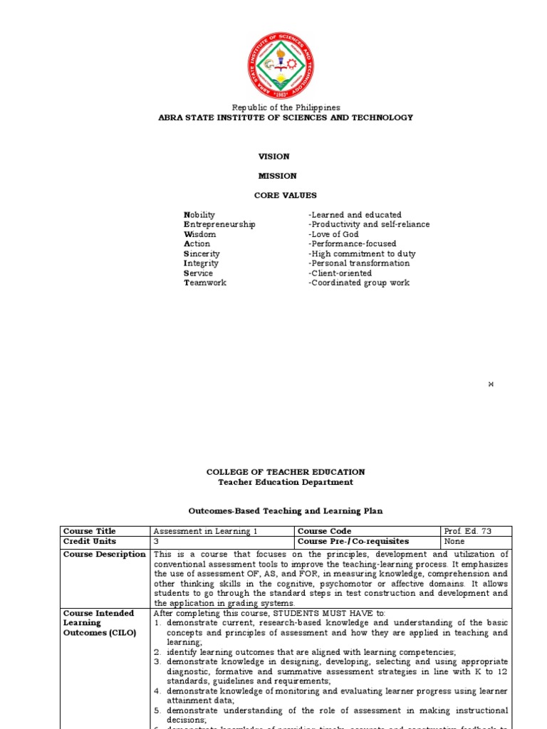 Prof Ed 73 Obe Syllabus | PDF | Educational Assessment | Learning