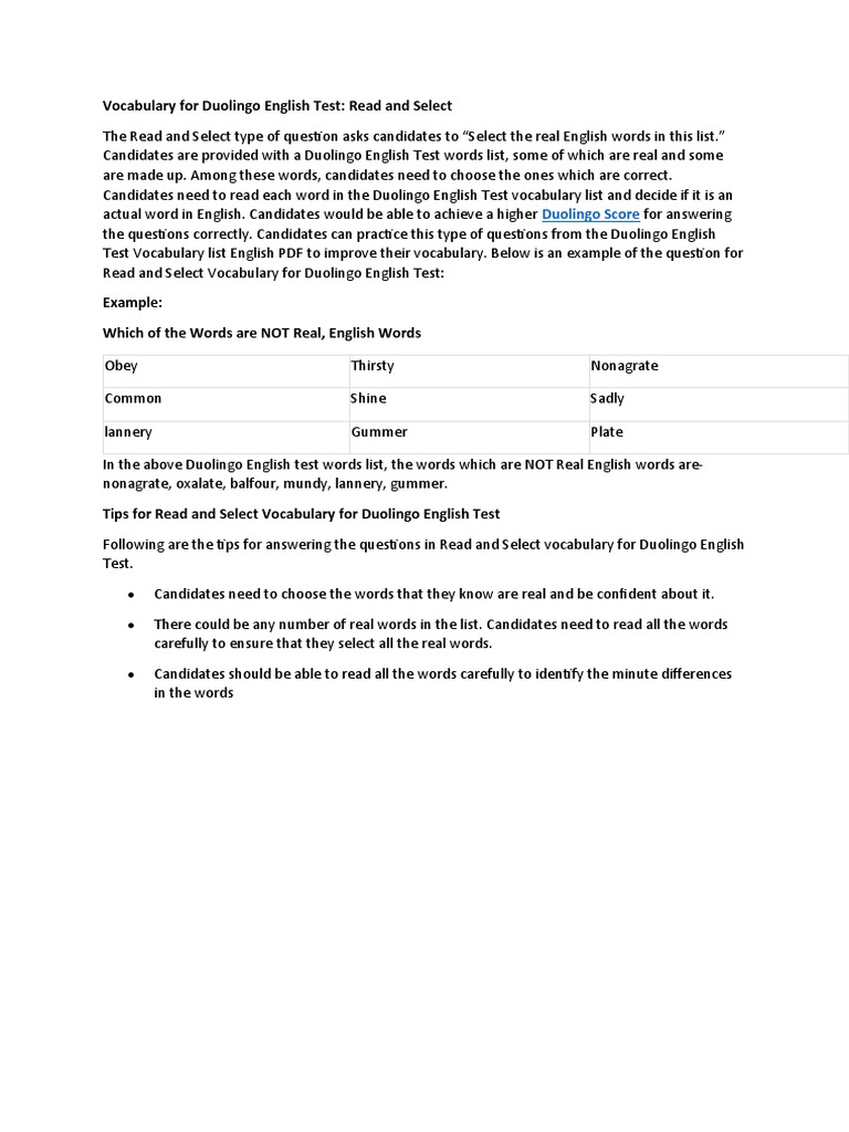 Vocabulary For Duolingo English Test | PDF