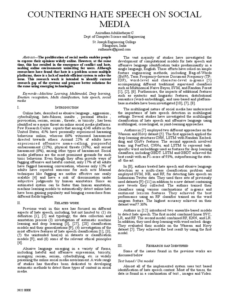 Countering Hate Speech On Social Media | PDF