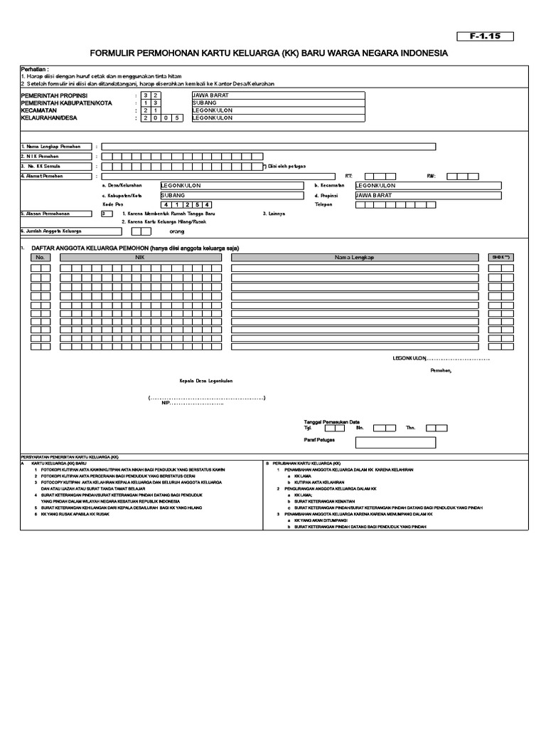 Formulir Permohonan KK BARU WNI (F-1.15) - Edisi 4 Maret 09 | PDF