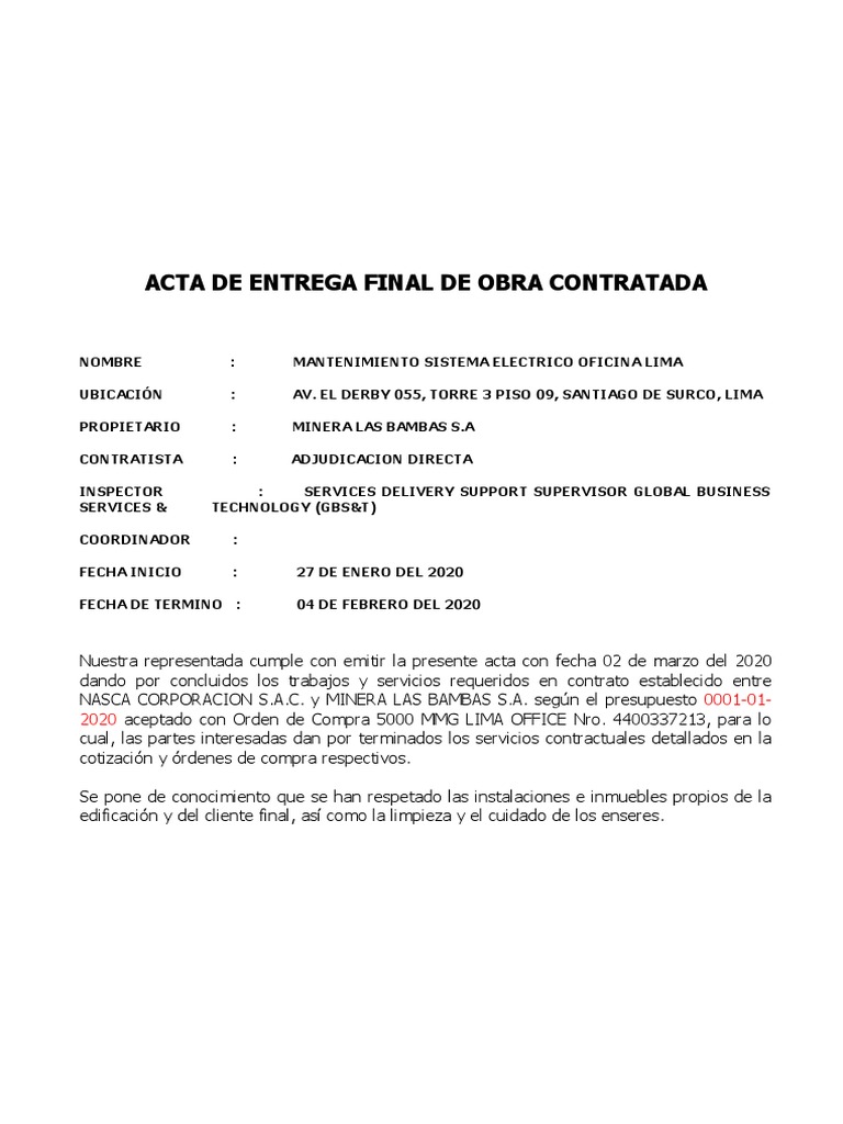 Acta de Entrega Final de Obra Las Bambas | PDF