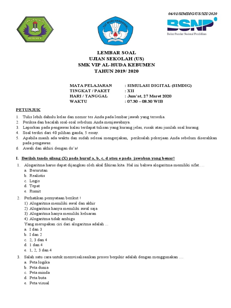 Soal Ujian Sekolah SIMDIG SMK 2020 | PDF | Seni | Komputer
