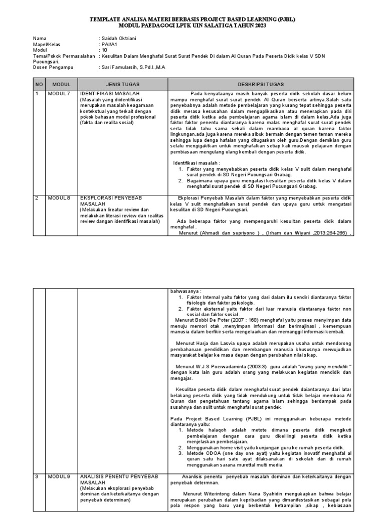Template PJBL - Paedagogi Modul 10 - Saidah Oktriani | PDF