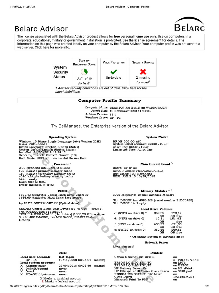 Belarc Advisor - Computer Profile - NIla - PC | PDF