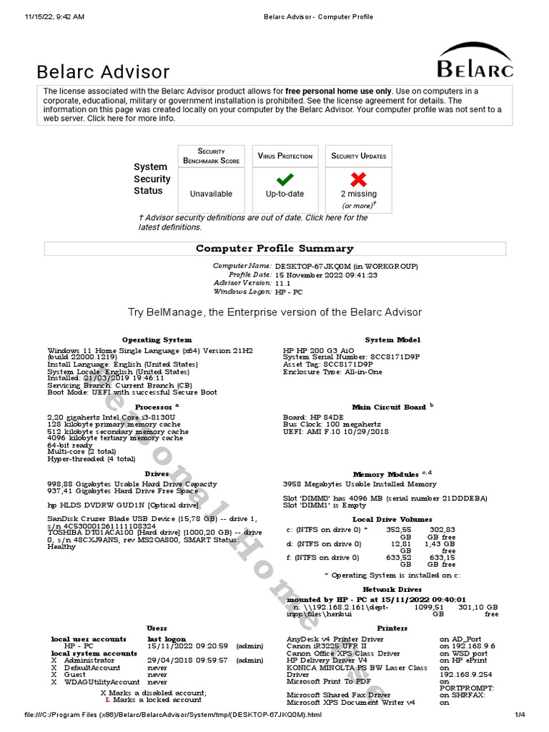 Belarc Advisor - Computer Profile - Hendro PC ( | Download Free PDF | Microsoft Windows | Microsoft