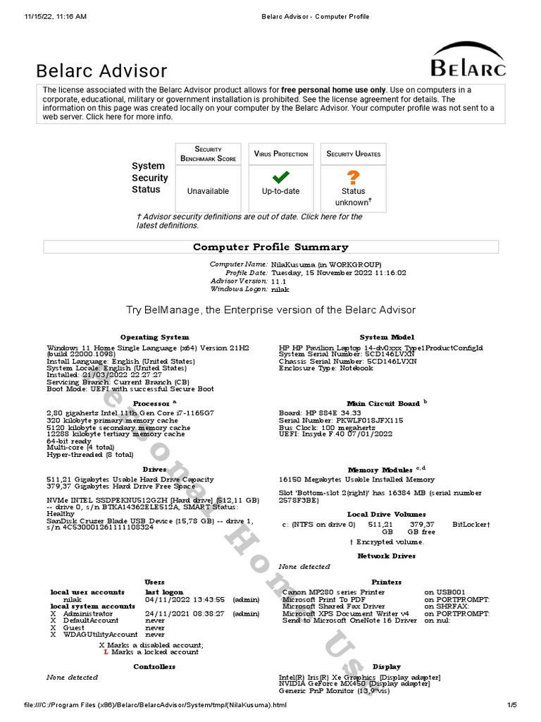 Belarc Advisor - Computer Profile - Nila - Laptop | PDF | Microsoft ...