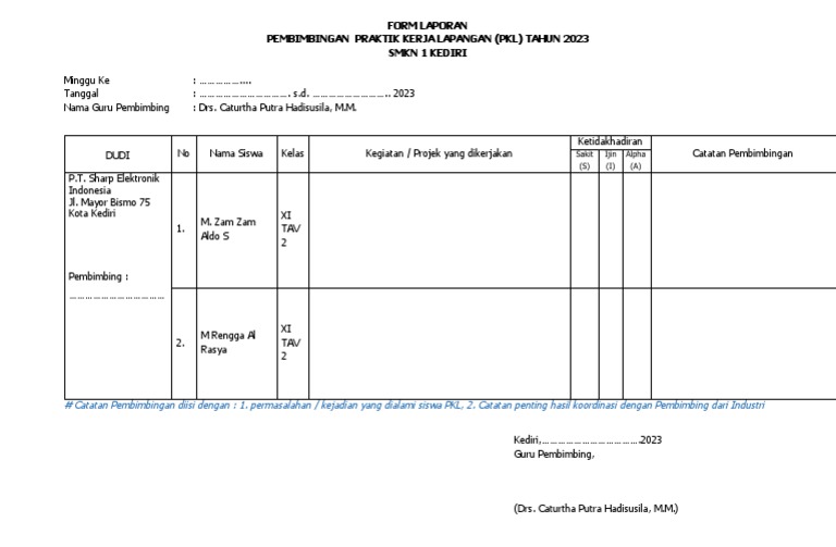 Form Laporan Pembimbingan PKL 2023 Edt | PDF