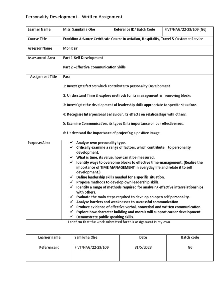 Samiksha PD Assignment | PDF | Professional Skills | Time Management