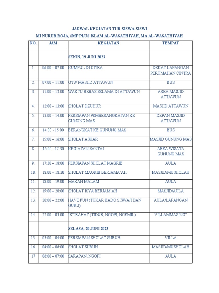 Jadwal Kegiatan Tur Siswa | PDF