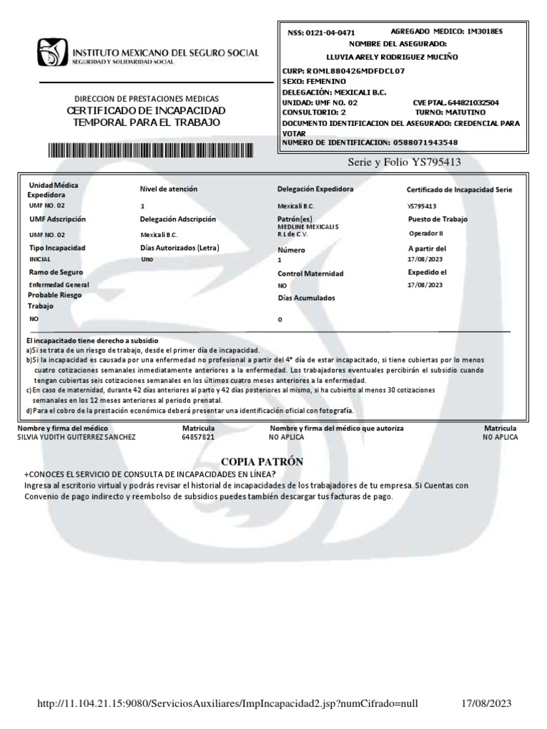 Incapacidad IMSS Mexicali II - Certificado | PDF
