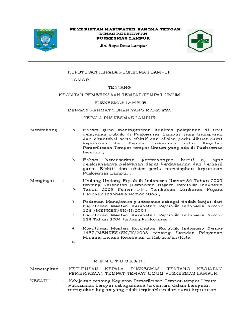 SK Kepala Puskesmas Tentang Pelayanan Klinik Sanitasi | PDF