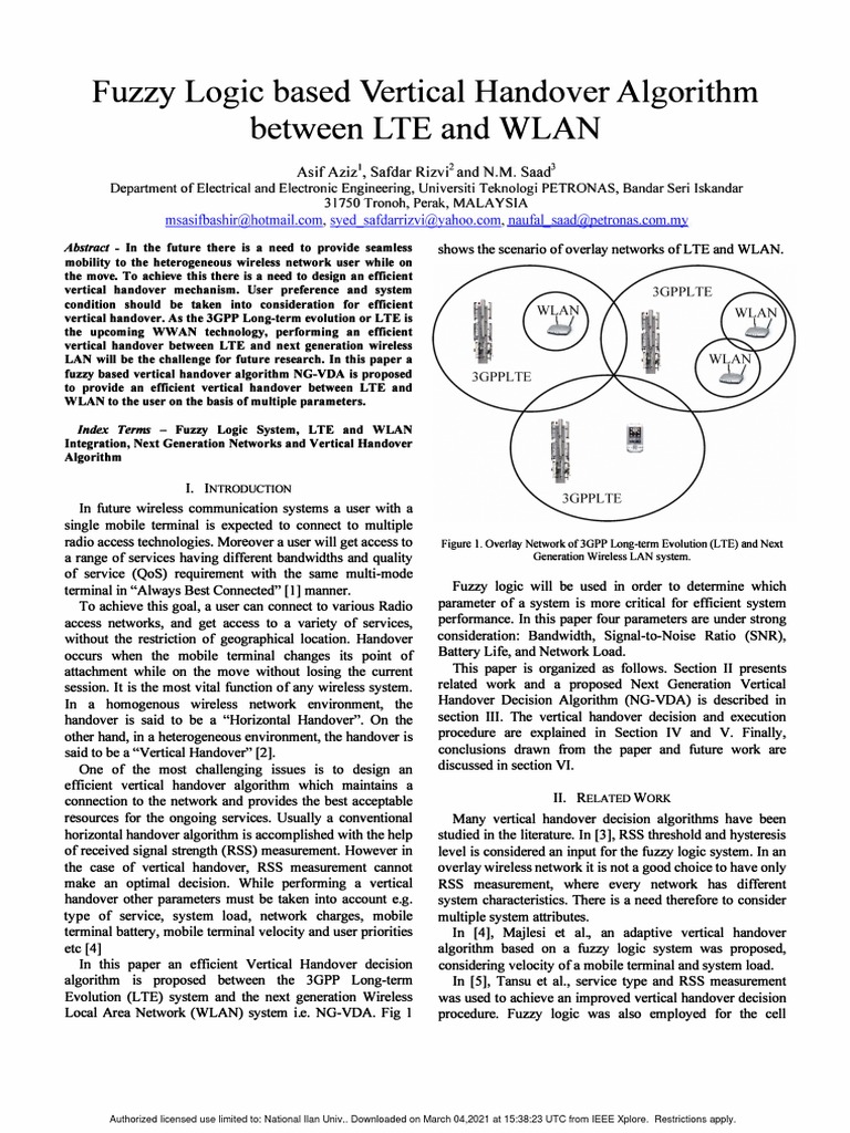 Fuzzy Logic Based Vertical Handover Algorithm Between LTE and WLAN | PDF | Lte ...
