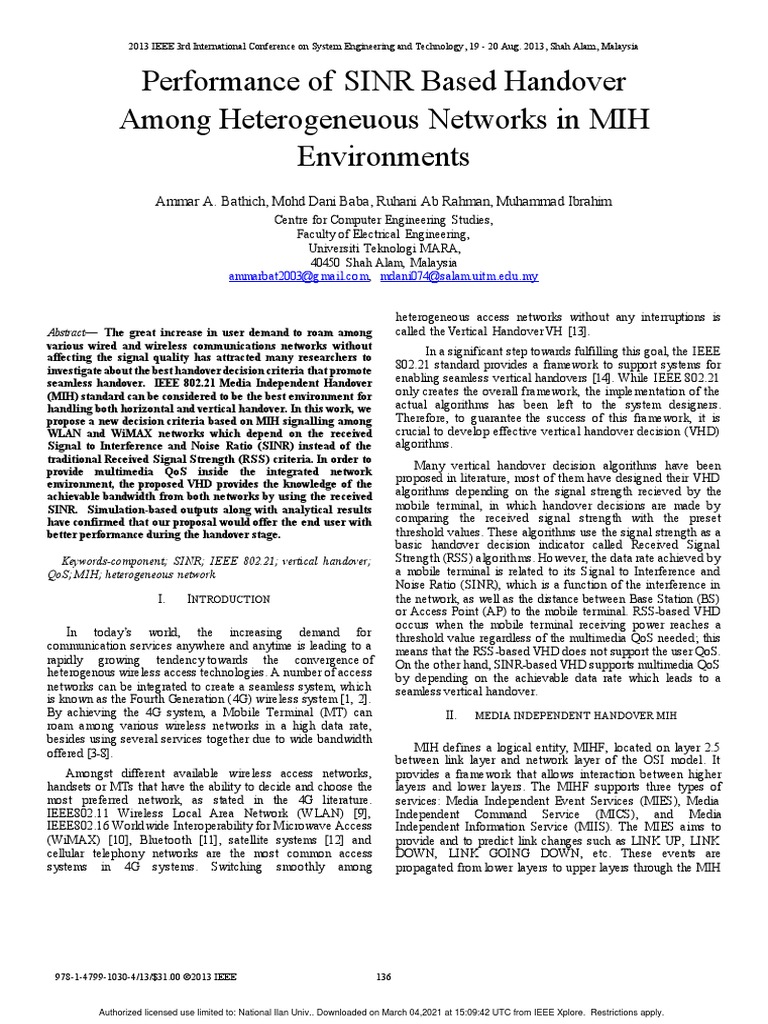 Performance of SINR Based Handover Among Heterogeneuous Networks in MIH Environments | PDF | Wi ...