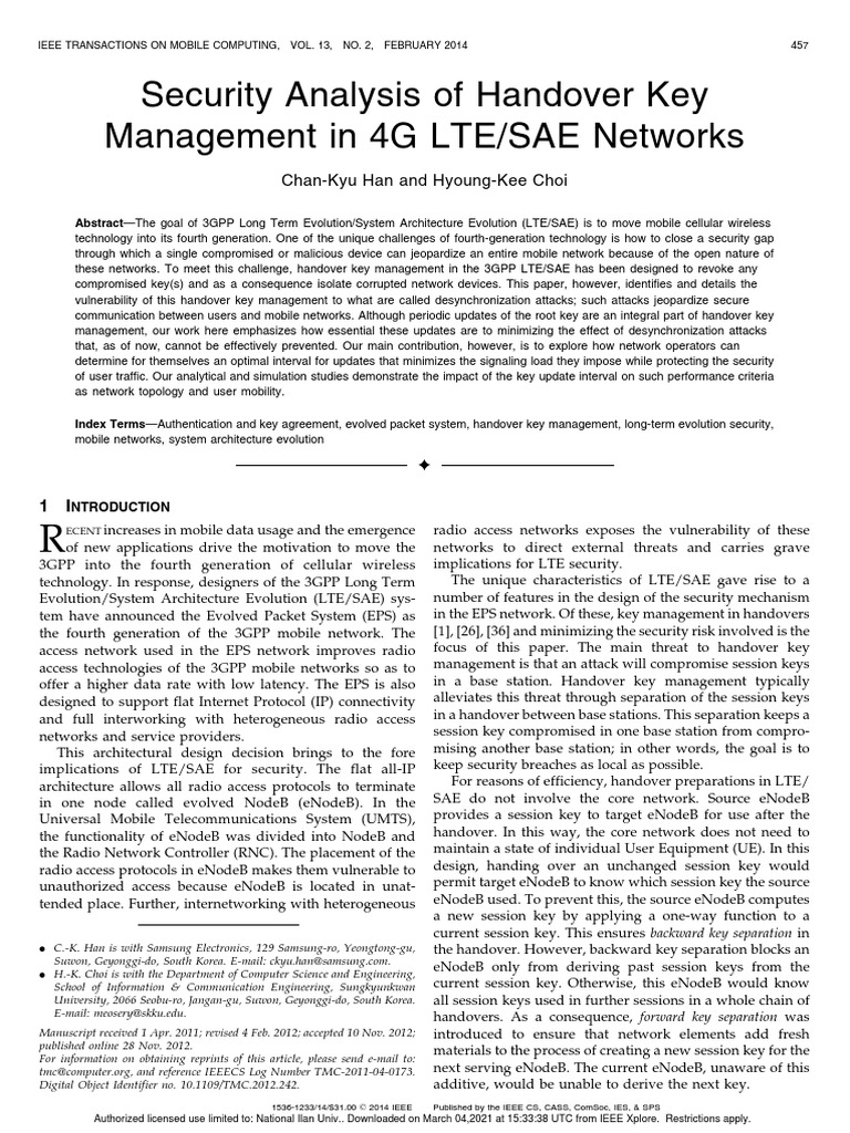 Security Analysis of Handover Key Management in 4G LTE SAE Networks | PDF