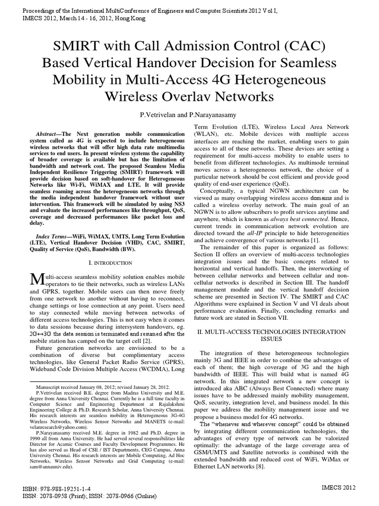 Smirt With Call Admission Control Cac Based Vertical Handover Decision For Seamless Mobility 