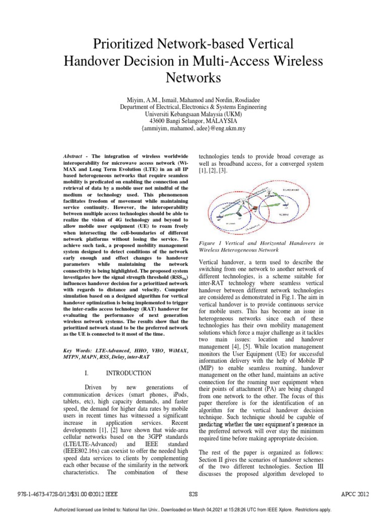 Prioritized Network-Based Vertical Handover Decision in Multi-Access Wireless Networks | PDF ...
