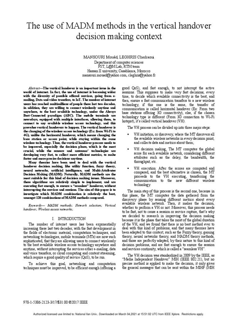 The Use of MADM Methods in The Vertical Handover Decision Making ...