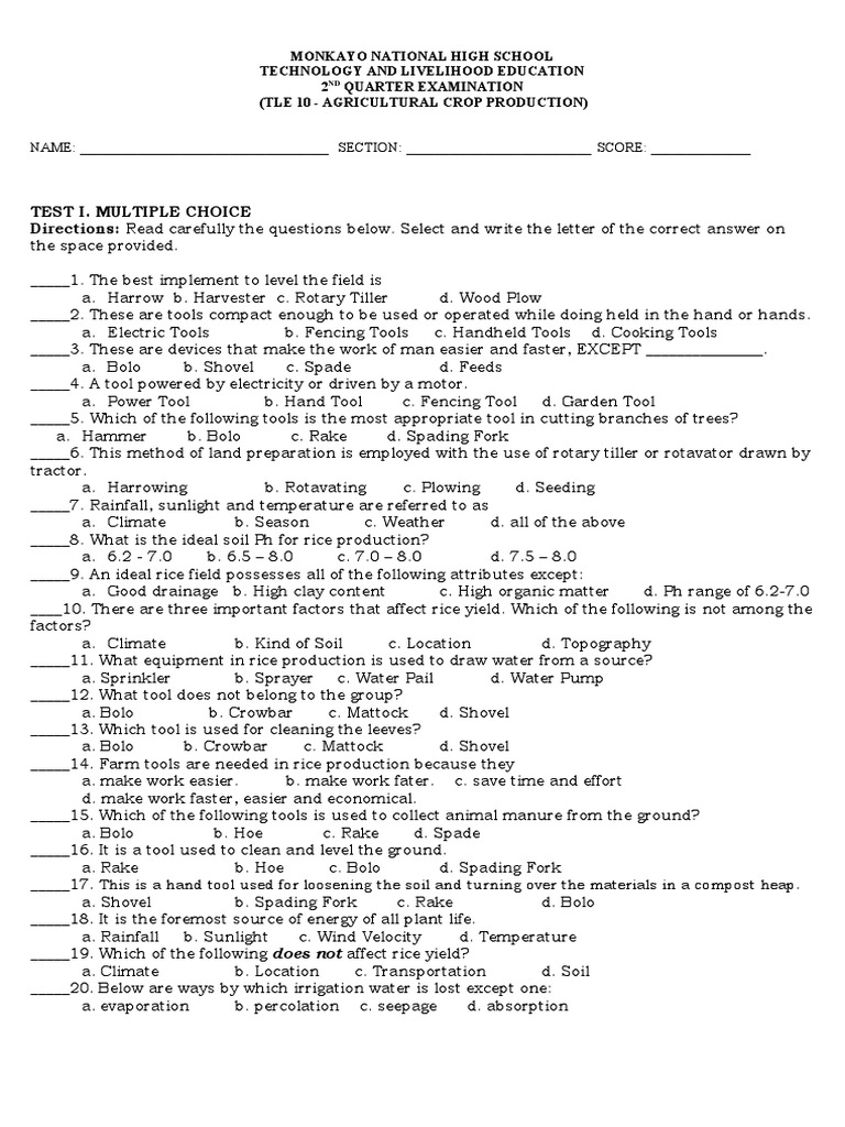 2ndqrt-Exam Final Agricrop g10 | PDF