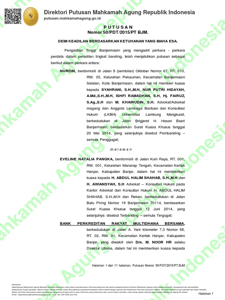 Putusan Banding 50/PDT/2015/PT BJM | PDF