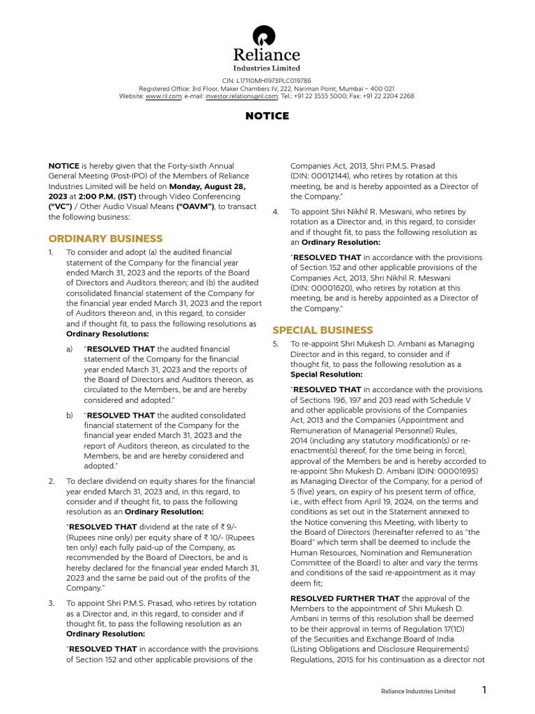 Reliance Industries AGM Notice | PDF | Board Of Directors | Audit