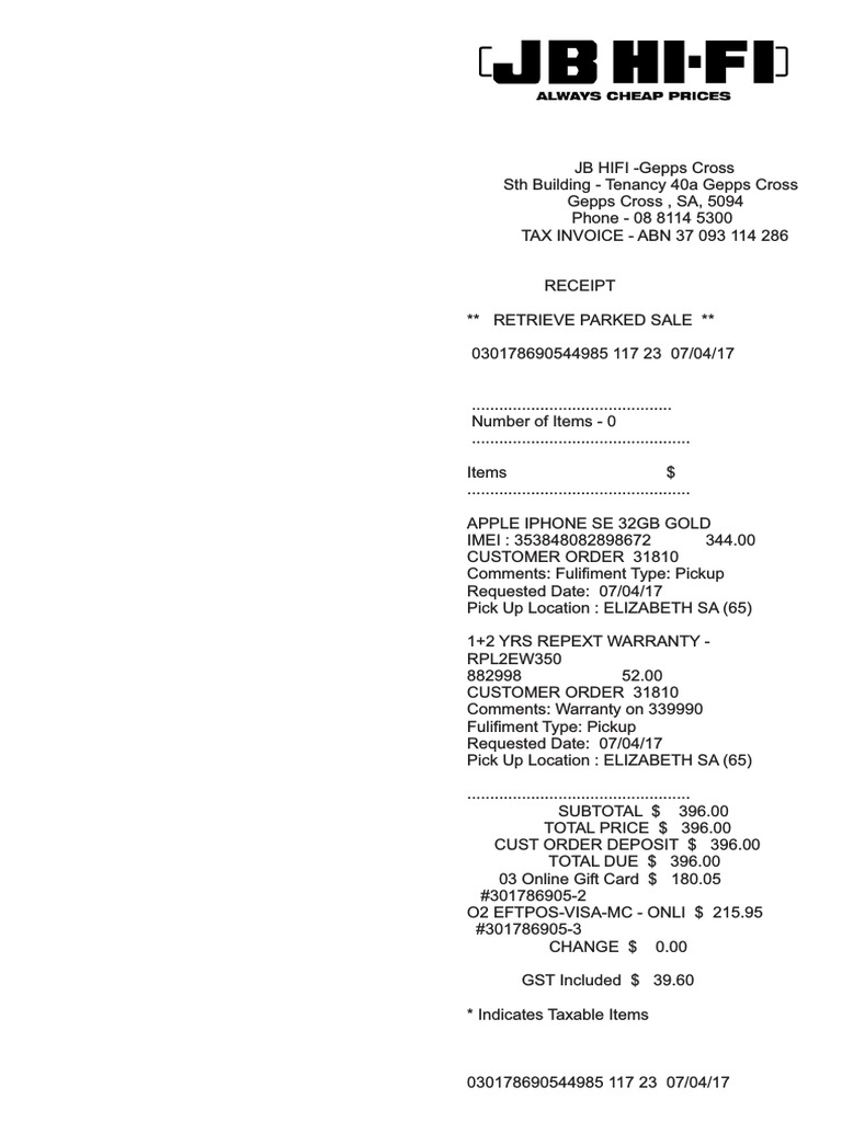 JB Hi-Fi Gepps Cross Invoice Details | PDF