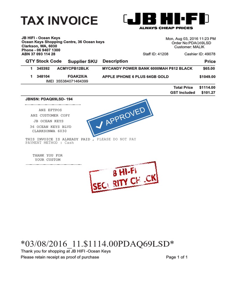 JB Hi-Fi Ocean Keys Tax Invoice | PDF