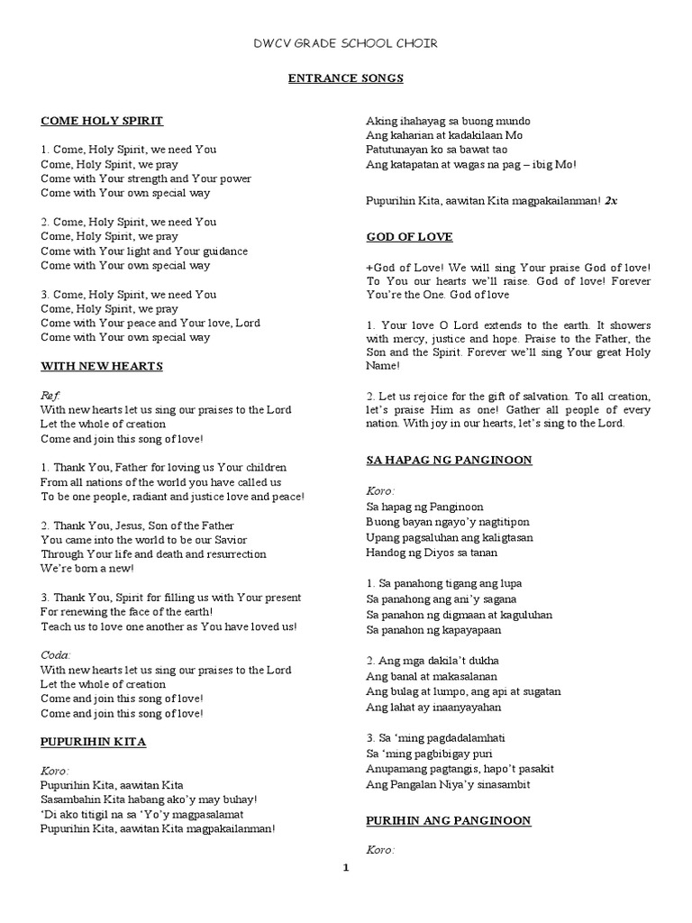 Dwcvgradeschoolchoir Song Sheet | PDF